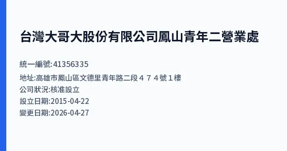 台灣大哥大股份有限公司鳳山青年二營業處的照片-統編 41356335(高雄市) 公司登記資料與營業項目詳細圖表