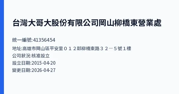 台灣大哥大股份有限公司岡山柳橋東營業處的照片-統編 41356454(高雄市) 公司登記資料與營業項目詳細圖表