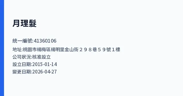 月理髮的照片-統編 41360106(桃園市) 公司登記資料與營業項目詳細圖表