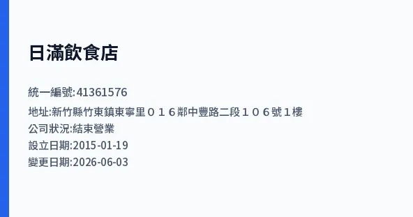 日滿飲食店的照片-統編 41361576(新竹縣) 公司登記資料與營業項目詳細圖表