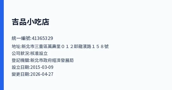 吉品小吃店的照片-統編 41365329(新北市) 公司登記資料與營業項目詳細圖表