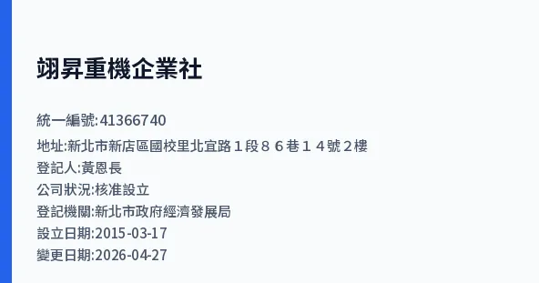 翊昇重機企業社的照片-統編 41366740(新北市) 公司登記資料與營業項目詳細圖表