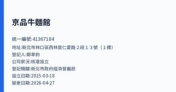京品牛麵館的照片-統編 41367184(新北市) 公司登記資料與營業項目詳細圖表