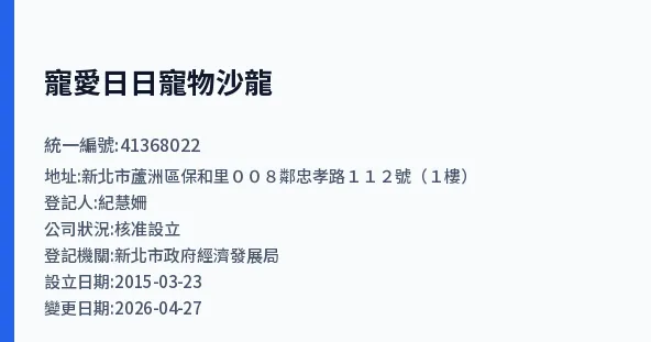 寵愛日日寵物沙龍的照片-統編 41368022(新北市) 公司登記資料與營業項目詳細圖表
