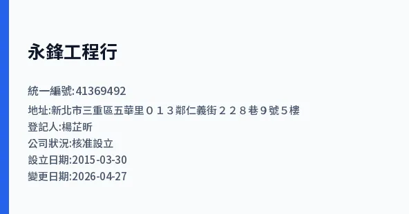 永鋒工程行的照片-統編 41369492(新北市) 公司登記資料與營業項目詳細圖表