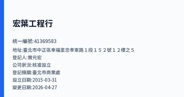 宏葉工程行的照片-統編 41369583(臺北市) 公司登記資料與營業項目詳細圖表