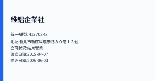 維錩企業社的照片-統編 41370343(新北市) 公司登記資料與營業項目詳細圖表