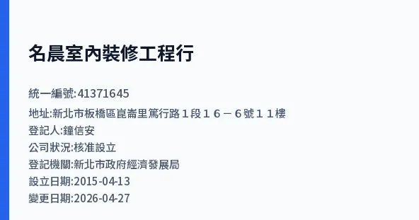 名晨室內裝修工程行的照片-統編 41371645(新北市) 公司登記資料與營業項目詳細圖表