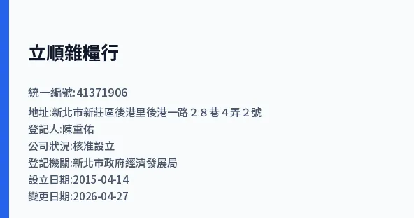 立順雜糧行的照片-統編 41371906(新北市) 公司登記資料與營業項目詳細圖表