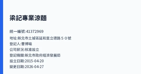 梁記專業涼麵的照片-統編 41372969(新北市) 公司登記資料與營業項目詳細圖表