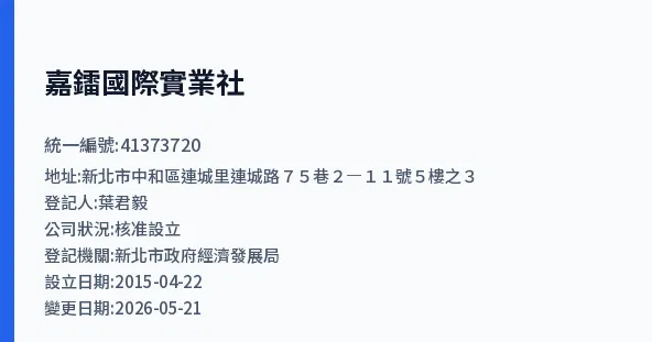 嘉鐳國際實業社的照片-統編 41373720(新北市) 公司登記資料與營業項目詳細圖表