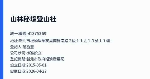 山林秘境登山社的照片-統編 41375369(新北市) 公司登記資料與營業項目詳細圖表