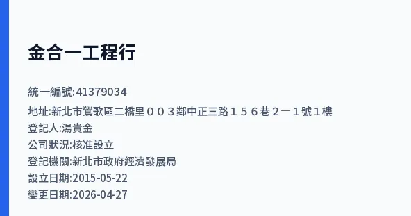 金合一工程行的照片-統編 41379034(新北市) 公司登記資料與營業項目詳細圖表