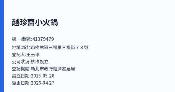 越珍齋小火鍋的照片-統編 41379479(新北市) 公司登記資料與營業項目詳細圖表