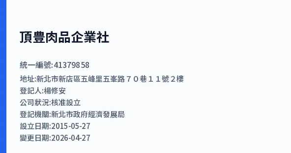 頂豊肉品企業社的照片-統編 41379858(新北市) 公司登記資料與營業項目詳細圖表