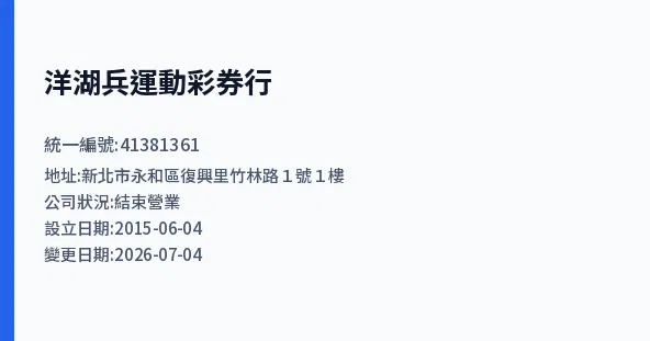 洋湖兵運動彩券行的照片-統編 41381361(新北市) 公司登記資料與營業項目詳細圖表