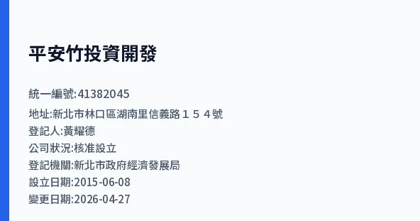 平安竹投資開發的照片-統編 41382045(新北市) 公司登記資料與營業項目詳細圖表