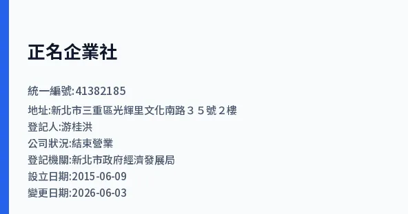 正名企業社的照片-統編 41382185(新北市) 公司登記資料與營業項目詳細圖表