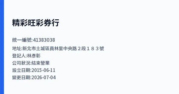 精彩旺彩券行的照片-統編 41383038(新北市) 公司登記資料與營業項目詳細圖表