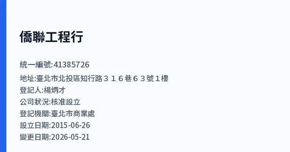 僑聯工程行的照片-統編 41385726(臺北市) 公司登記資料與營業項目詳細圖表