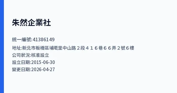 朱然企業社的照片-統編 41386149(新北市) 公司登記資料與營業項目詳細圖表