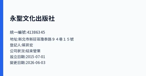 永聖文化出版社的照片-統編 41386345(新北市) 公司登記資料與營業項目詳細圖表