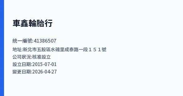 車鑫輪胎行的照片-統編 41386507(新北市) 公司登記資料與營業項目詳細圖表
