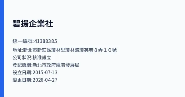 碧揚企業社的照片-統編 41388385(新北市) 公司登記資料與營業項目詳細圖表