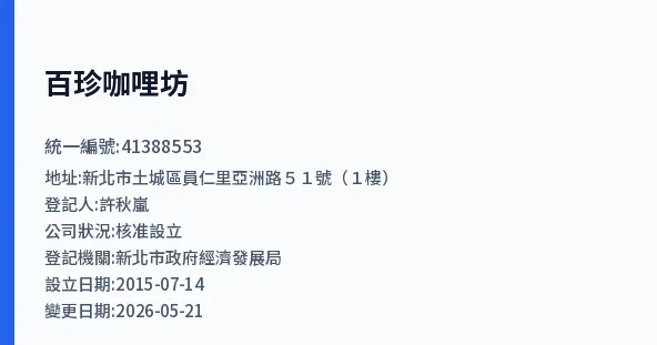 百珍咖哩坊的照片-統編 41388553(新北市) 公司登記資料與營業項目詳細圖表