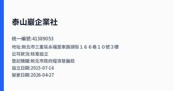泰山巖企業社的照片-統編 41389053(新北市) 公司登記資料與營業項目詳細圖表