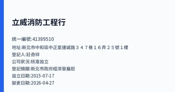 立威消防工程行的照片-統編 41389510(新北市) 公司登記資料與營業項目詳細圖表