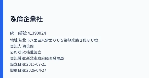 泓倫企業社的照片-統編 41390024(新北市) 公司登記資料與營業項目詳細圖表
