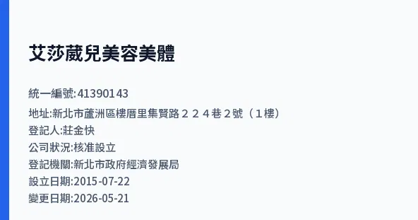 艾莎葳兒美容美體的照片-統編 41390143(新北市) 公司登記資料與營業項目詳細圖表