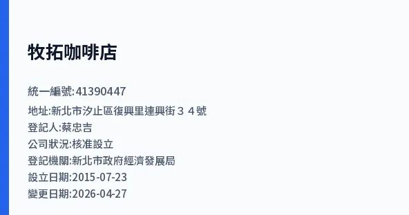 牧拓咖啡店的照片-統編 41390447(新北市) 公司登記資料與營業項目詳細圖表