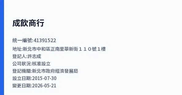 成飲商行的照片-統編 41391522(新北市) 公司登記資料與營業項目詳細圖表