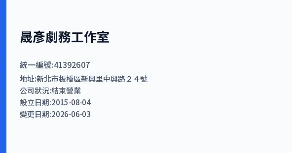 晟彥劇務工作室的照片-統編 41392607(新北市) 公司登記資料與營業項目詳細圖表