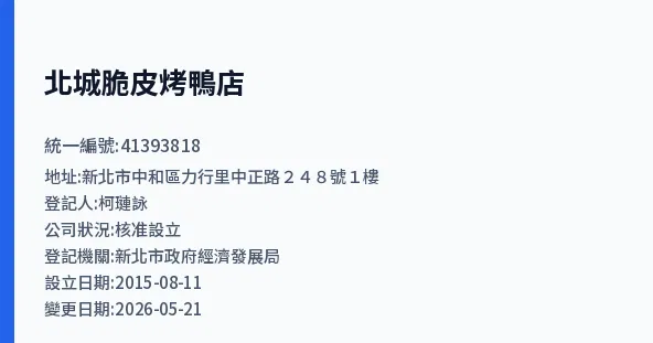北城脆皮烤鴨店的照片-統編 41393818(新北市) 公司登記資料與營業項目詳細圖表