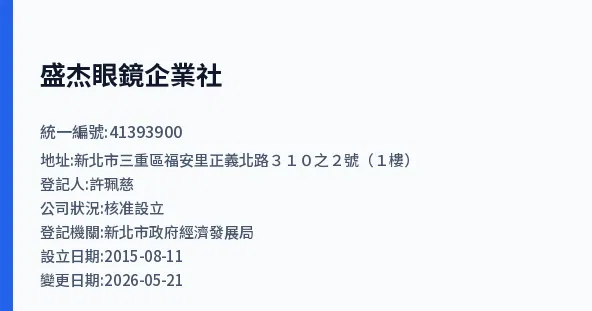 盛杰眼鏡企業社的照片-統編 41393900(新北市) 公司登記資料與營業項目詳細圖表