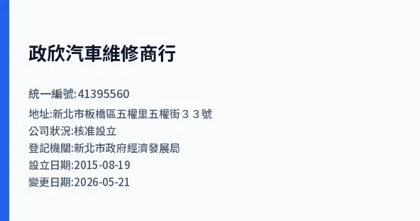政欣汽車維修商行的照片-統編 41395560(新北市) 公司登記資料與營業項目詳細圖表