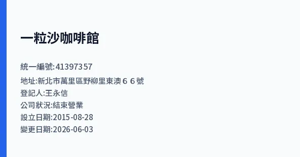 一粒沙咖啡館的照片-統編 41397357(新北市) 公司登記資料與營業項目詳細圖表