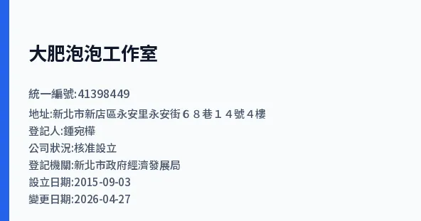 大肥泡泡工作室的照片-統編 41398449(新北市) 公司登記資料與營業項目詳細圖表