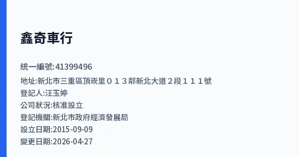 鑫奇車行的照片-統編 41399496(新北市) 公司登記資料與營業項目詳細圖表