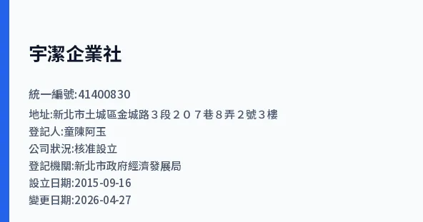 宇潔企業社的照片-統編 41400830(新北市) 公司登記資料與營業項目詳細圖表
