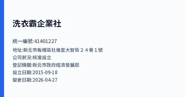 洗衣霸企業社的照片-統編 41401227(新北市) 公司登記資料與營業項目詳細圖表