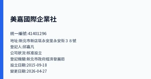 美嘉國際企業社的照片-統編 41401296(新北市) 公司登記資料與營業項目詳細圖表