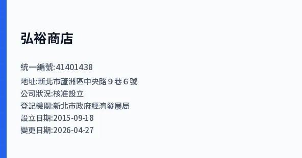 弘裕商店的照片-統編 41401438(新北市) 公司登記資料與營業項目詳細圖表