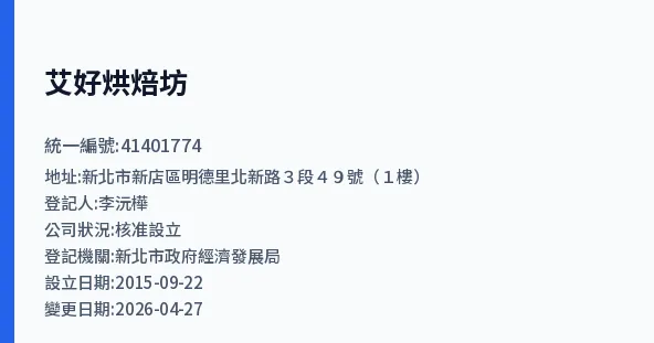 艾好烘焙坊的照片-統編 41401774(新北市) 公司登記資料與營業項目詳細圖表