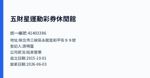 五財星運動彩券休閒館的照片-統編 41403386(新北市) 公司登記資料與營業項目詳細圖表