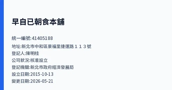早自已朝食本舖的照片-統編 41405188(新北市) 公司登記資料與營業項目詳細圖表