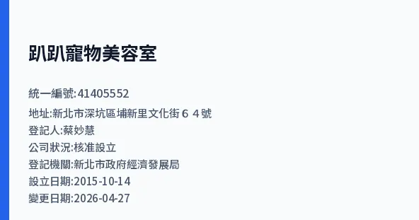 趴趴寵物美容室的照片-統編 41405552(新北市) 公司登記資料與營業項目詳細圖表